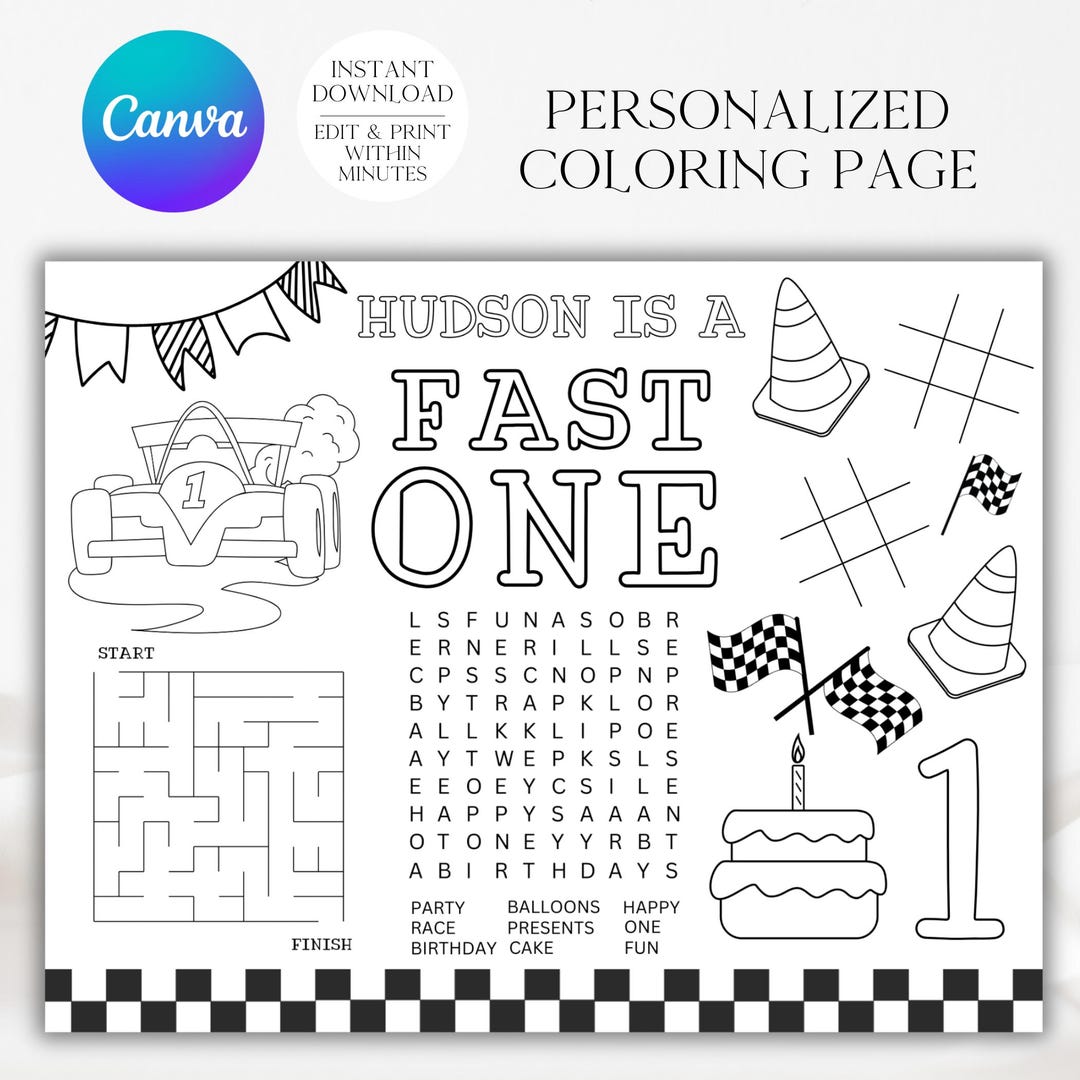 Race Car Birthday Coloring Page, Fast One Birthday, Personalized ...