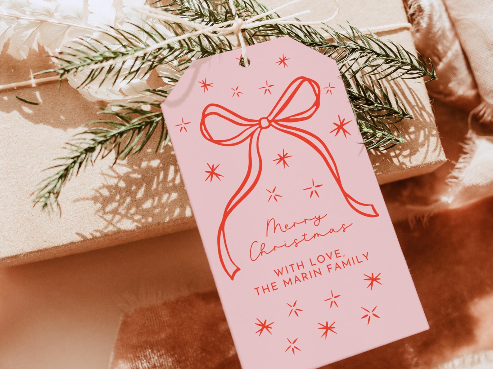 Printable Pink Red Bow Christmas Gift Tags, Editable Template, Holiday ...