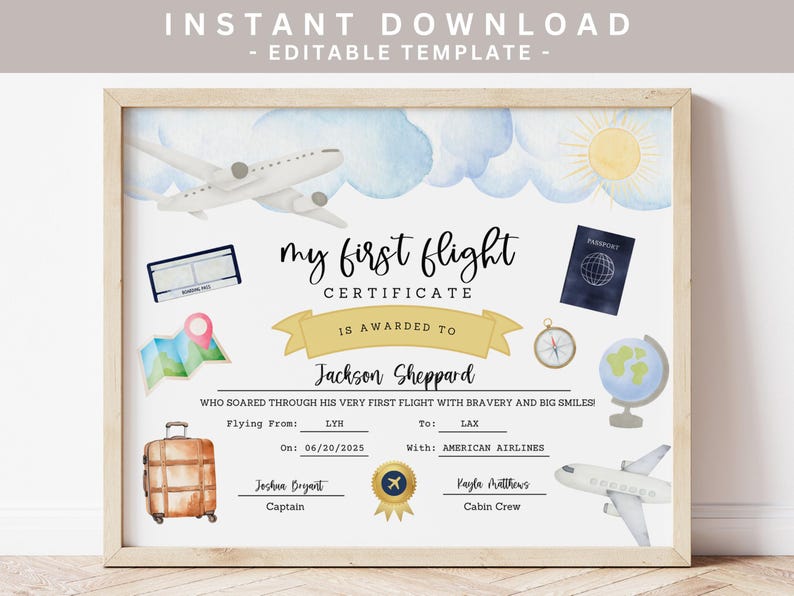 My First Flight Certificate Template, Airplane Souvenir; 8x10", 8.5x11 ...