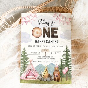 One Happy Camper First Birthday Invitation Template, Instant Download, Camping Birthday, Girl ...