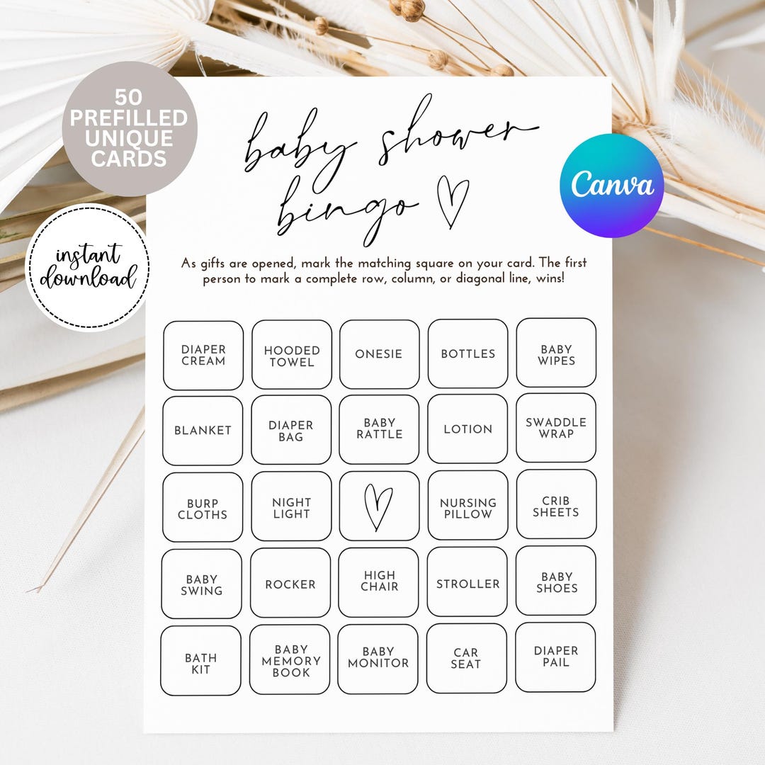 50 Prefilled Baby Shower Bingo Cards, Baby Shower Game, Baby Shower ...