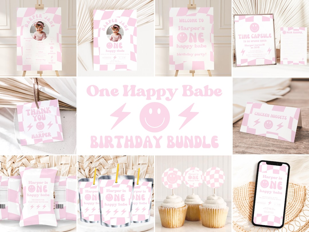 One Happy Girl Birthday Bundle Templates, One Happy Girl Party, First ...