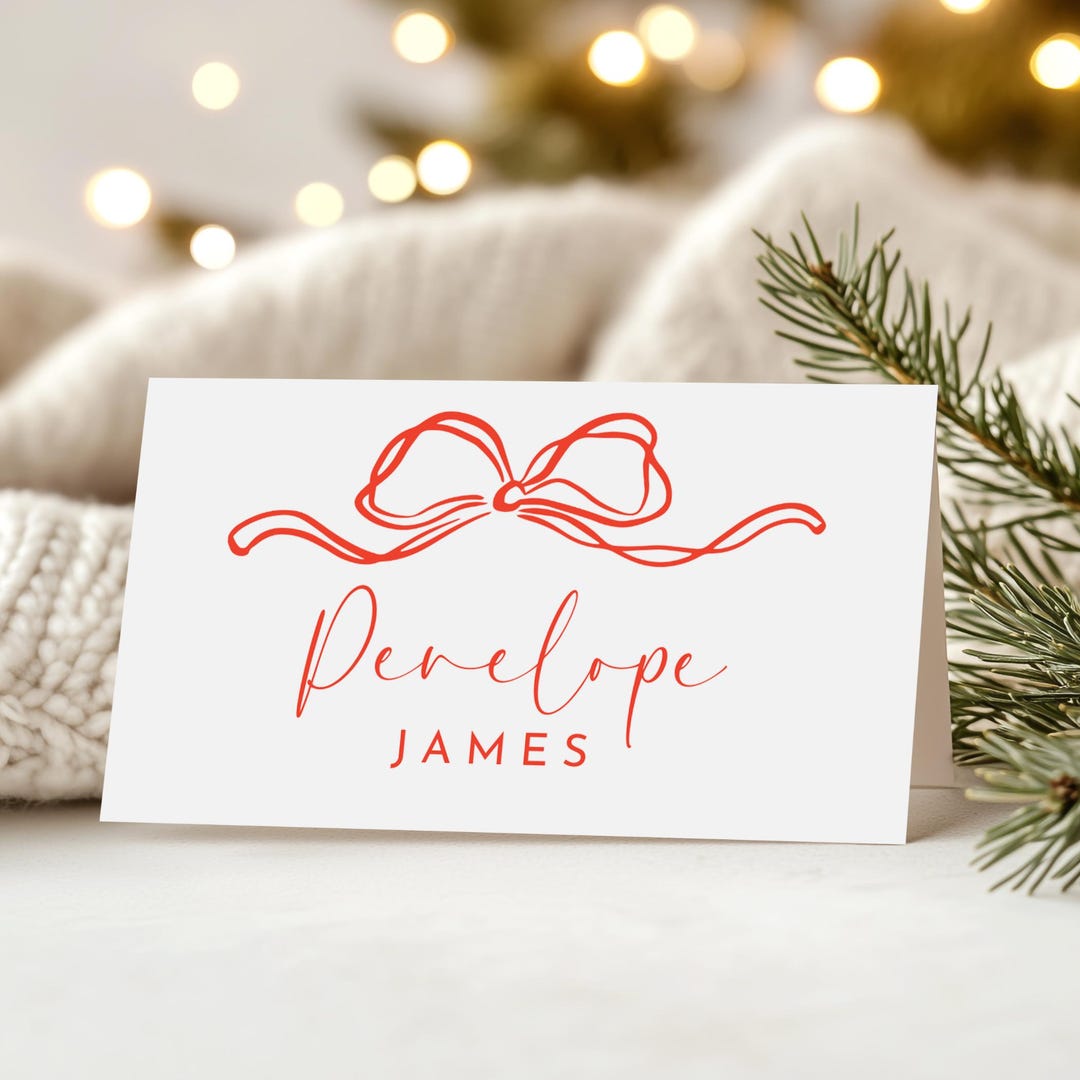 Printable Christmas Place Card, Red Bow, Christmas Tent Card, Name ...