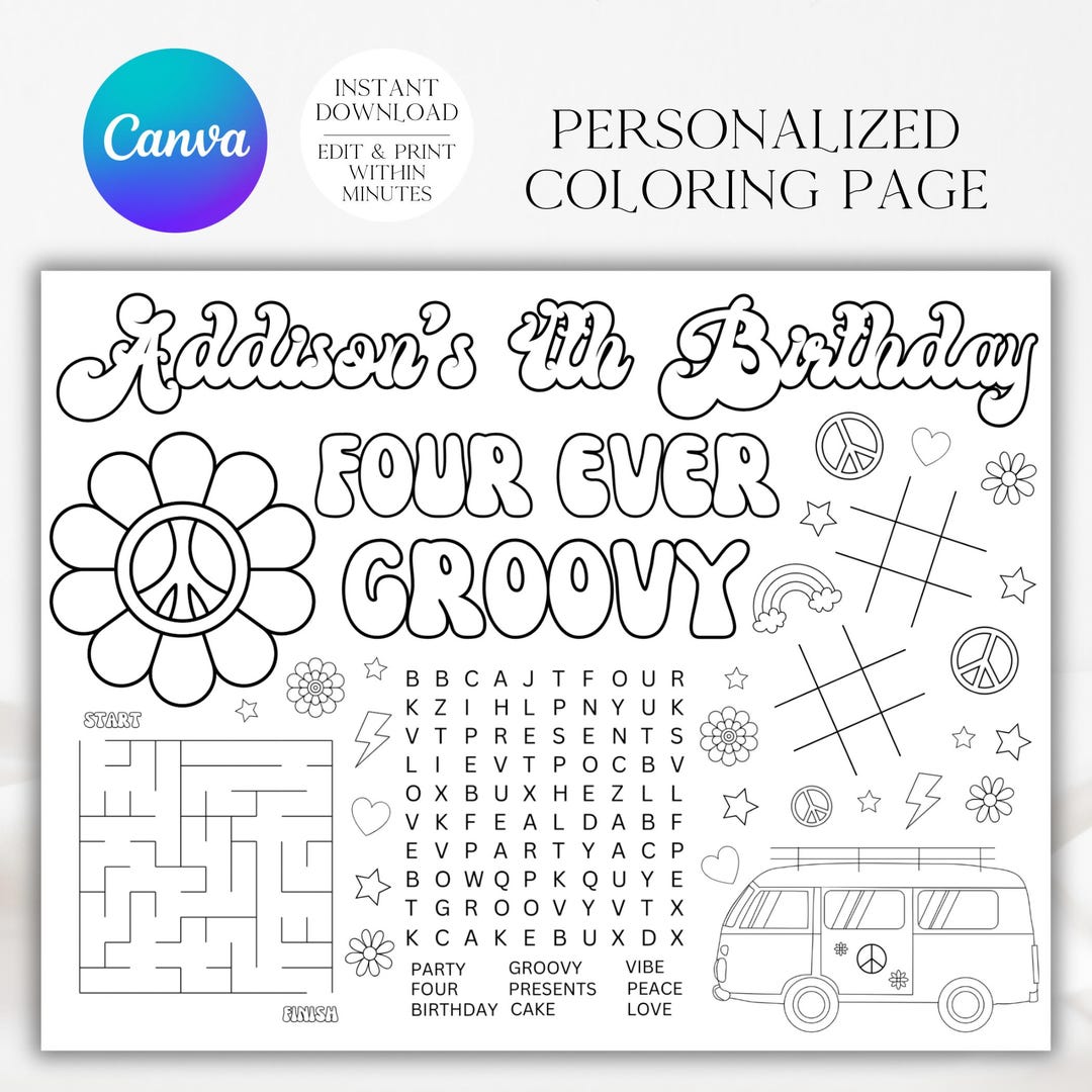 Four Ever Groovy Coloring Page, Birthday Coloring, Printable, Instant ...