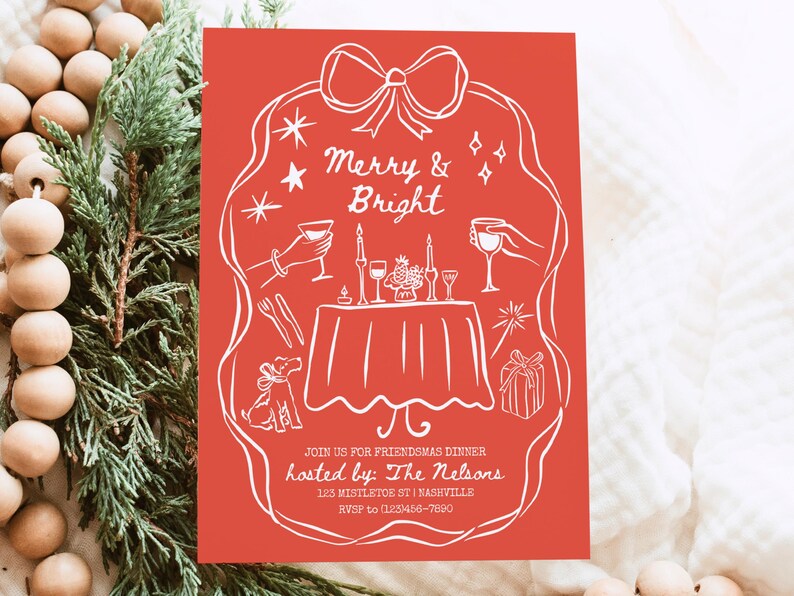 Merry and Bright Christmas Dinner Invitation, Friendsmas Invite ...