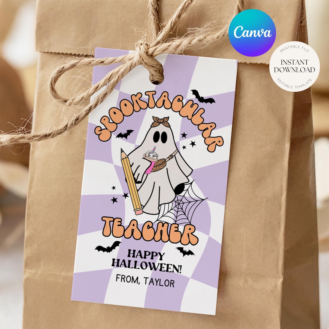 Printable Halloween Teacher Gift Tag Template, Purple Checkered Retro ...