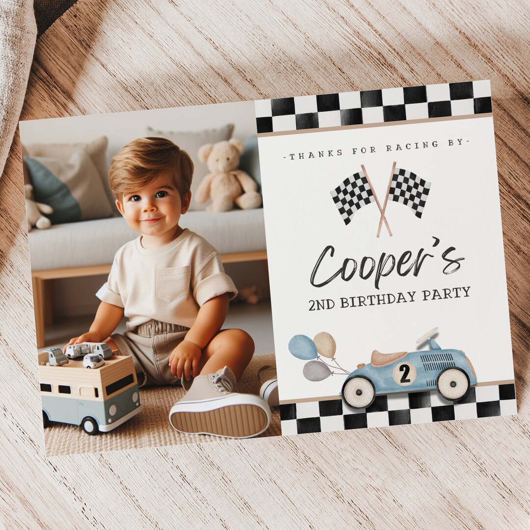 Two Fast Birthday Thank You Card, Race Car Birthday, Race Car Thank You ...