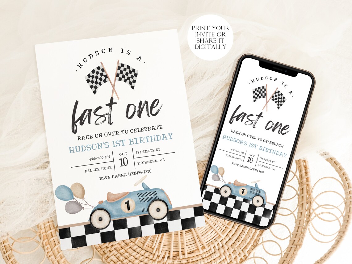 Fast One Birthday Invitation, Race Car Birthday, Race Car Party, 1st ...