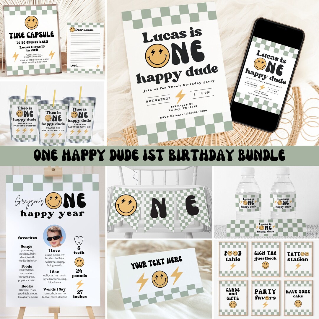 One Happy Dude Birthday Party Bundle, Smiley Face Birthday, Instant ...