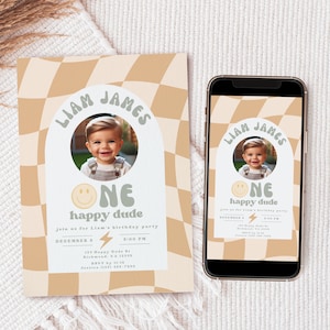 One Happy Dude Birthday Photo Invitation, 1st Birthday Invitation, Boy ...