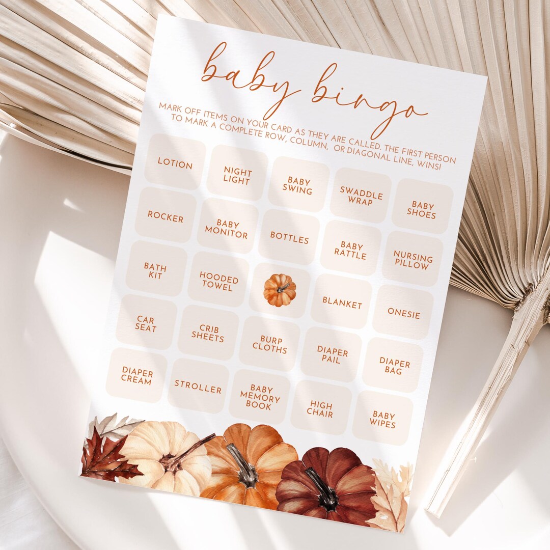 Pumpkin Baby Shower Bingo, Fall Baby Shower, Baby Shower Games, Pumpkin ...