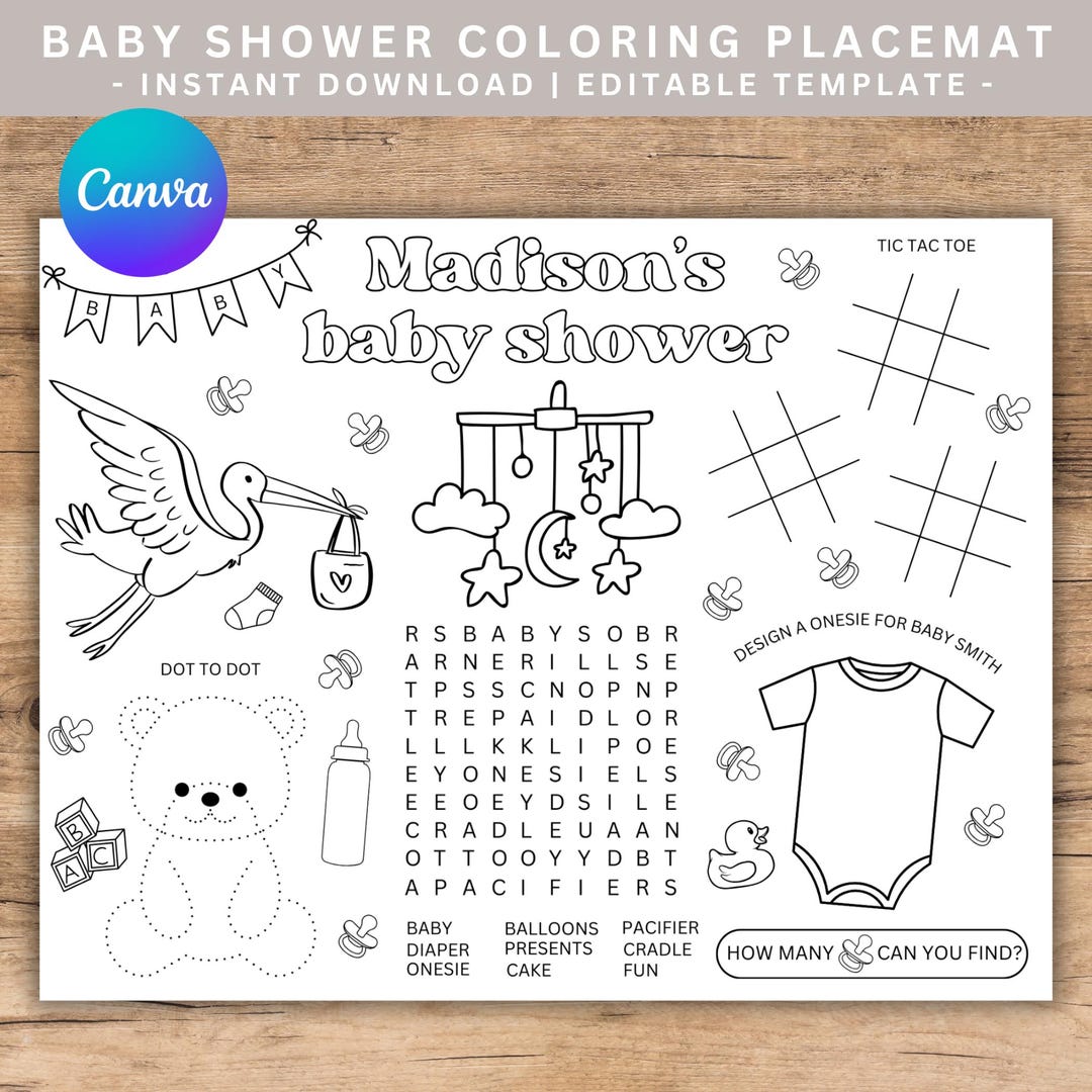 Baby Shower Coloring Page, Baby Shower Activity, Baby Shower Placemat ...