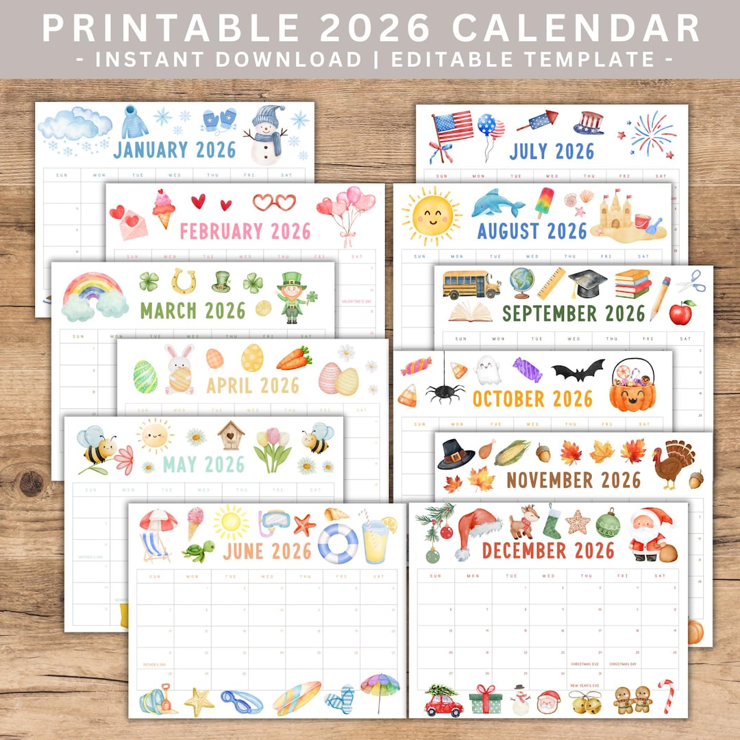 Printable Kids Calendar 2026, Kids Monthly Planner, Printable Calendar ...