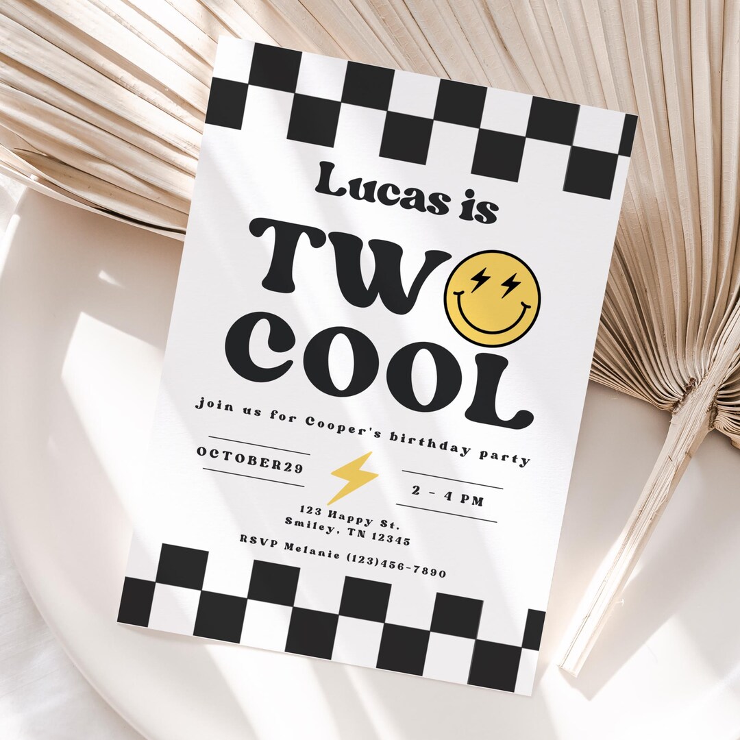 Two Cool Birthday Invitation, Boy 2nd Birthday, Smiley Face Birthday, Two Cool Invitation ...