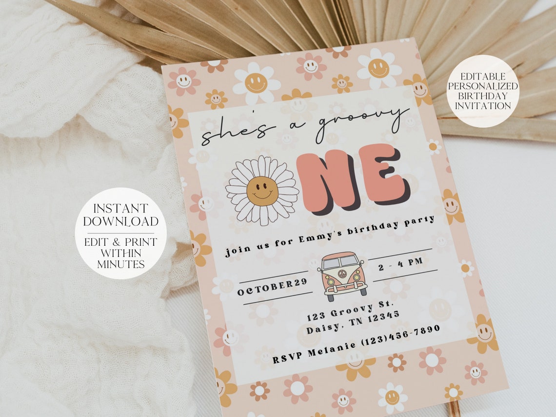 Groovy One Birthday Party Invitation | First Birthday | Retro Birthday ...