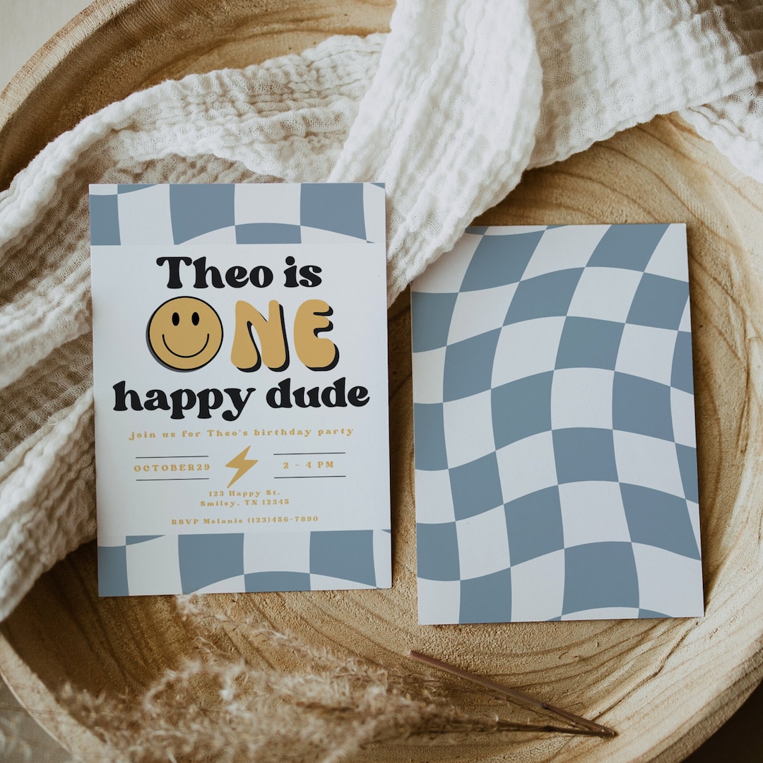 Dusty Blue One Happy Dude Birthday Invitation | Boy First Birthday ...