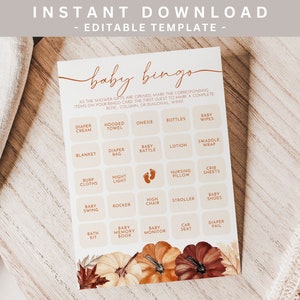 Pumpkin Baby Shower Bingo, Fall Baby Shower, Baby Shower Games, Pumpkin ...