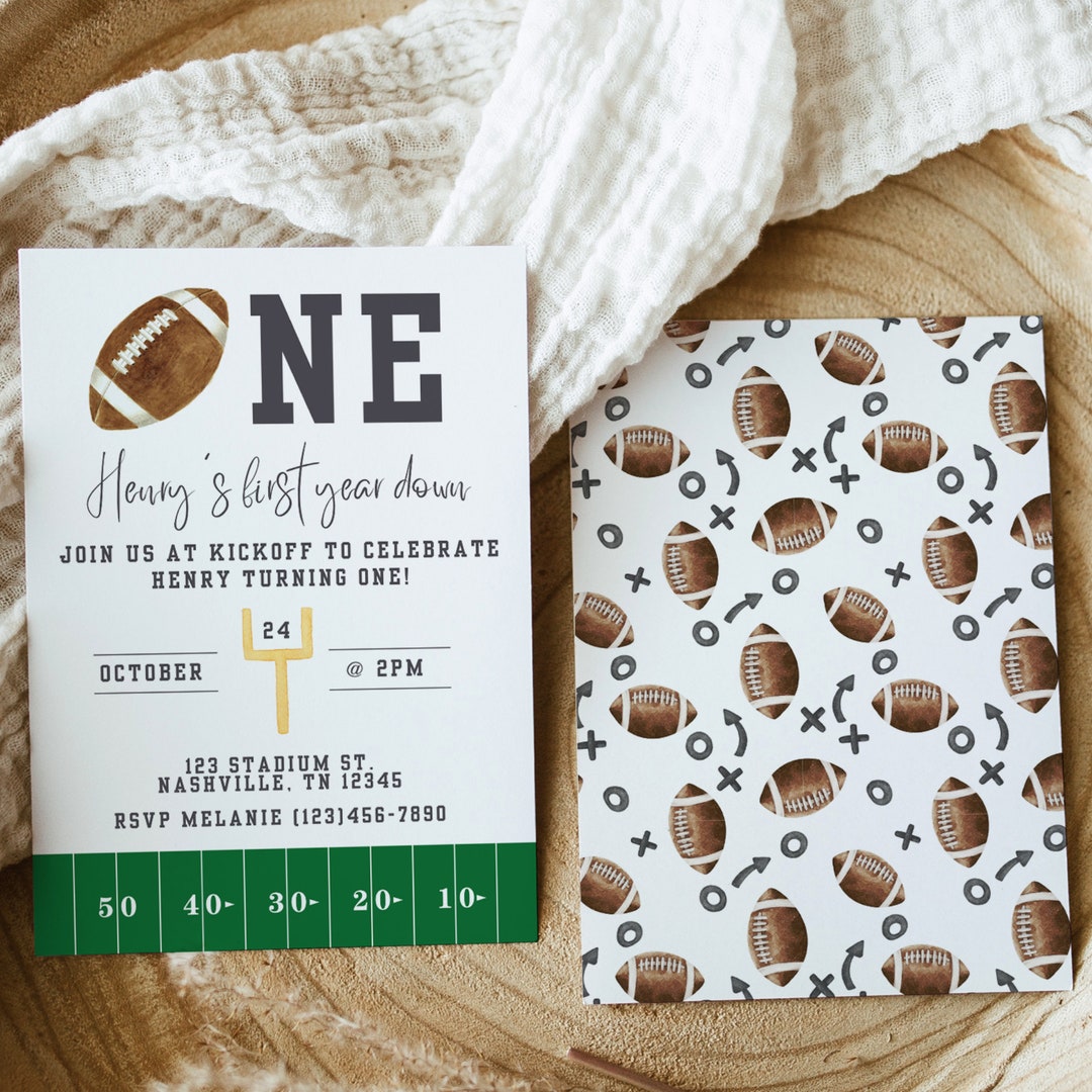 First Year Down Football Invitation, First Birthday Boy, Football Party ...