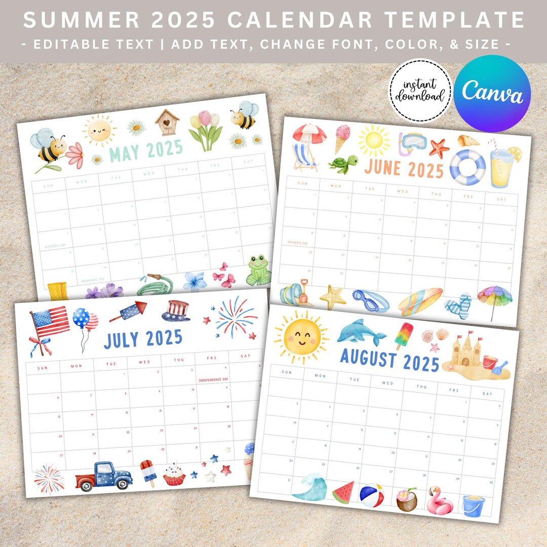 Printable Kids Summer Calendar 2025, Kids Monthly Planner, Printable ...