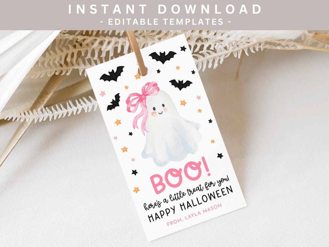 Printable Halloween Gift Tag Template, Boo Here's a Treat for You Pink ...