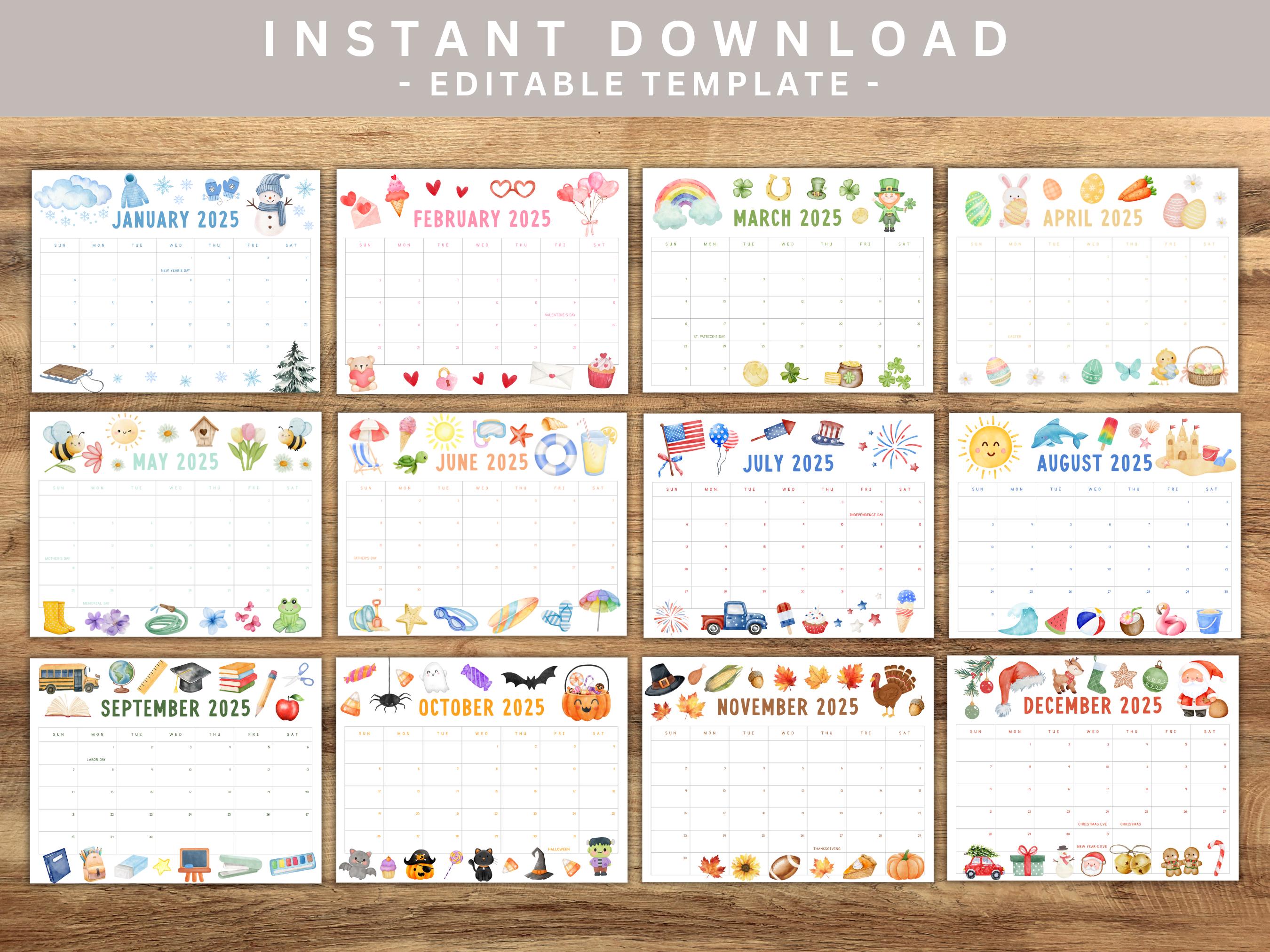 Printable Kids Calendar 2025, Kids Monthly Planner, Printable Calendar ...