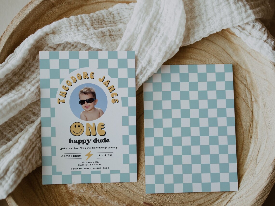 One Happy Dude Photo Invite | 1st Birthday Invitation | Checkered ...
