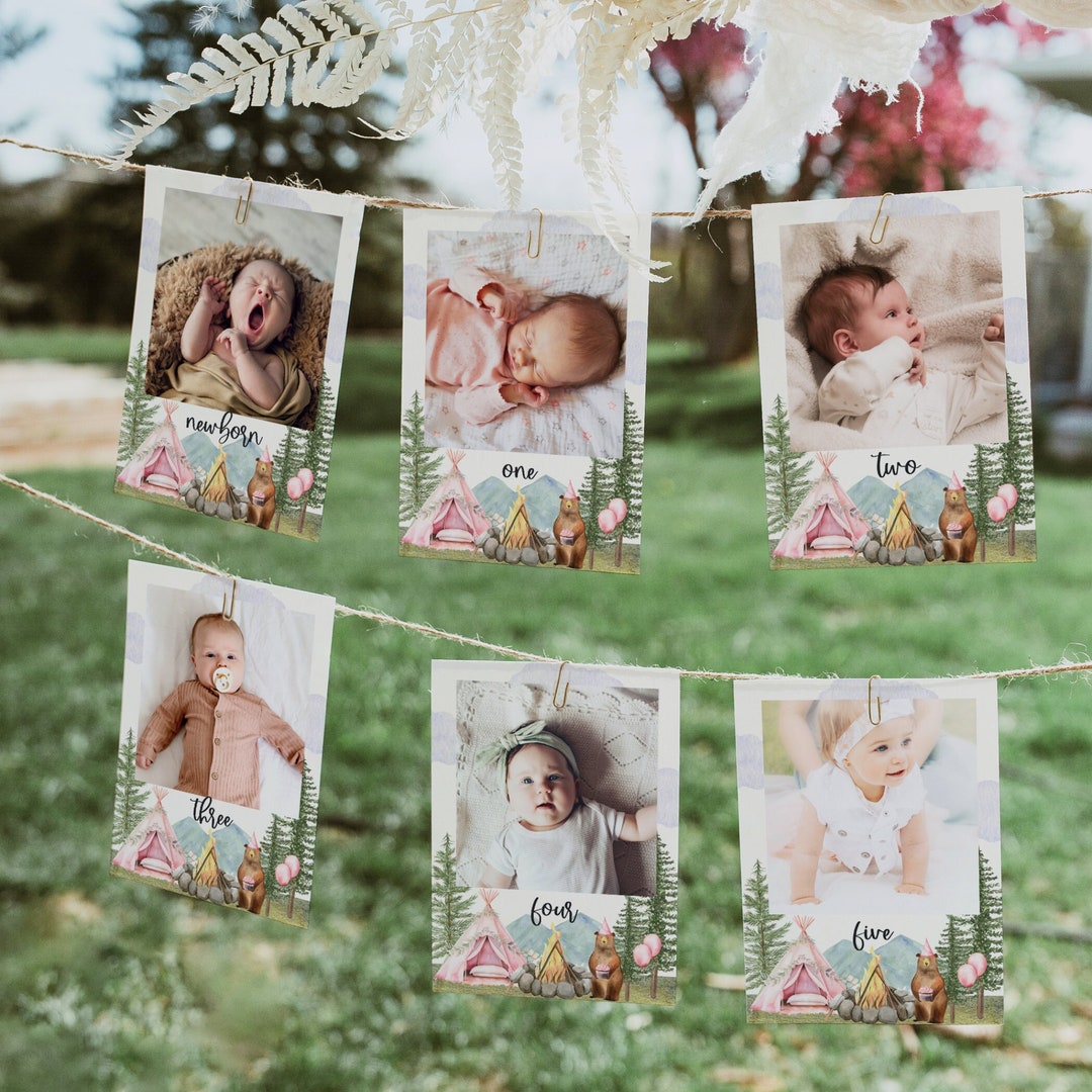 Pink One Happy Camper Photo Banner, Printable First Year Milestone ...