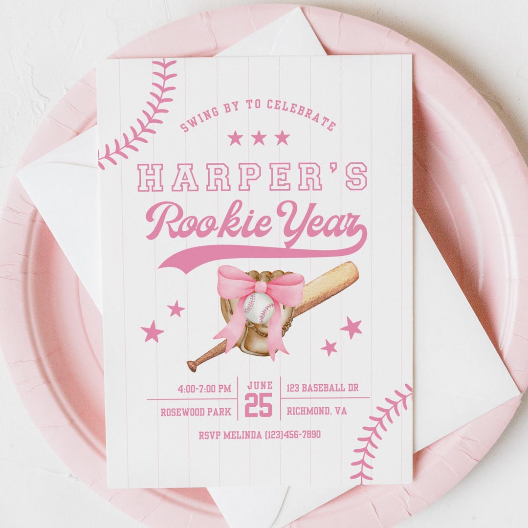 Pink Baseball First Birthday Invitation Template, Rookie Year Girl (5x7 ...