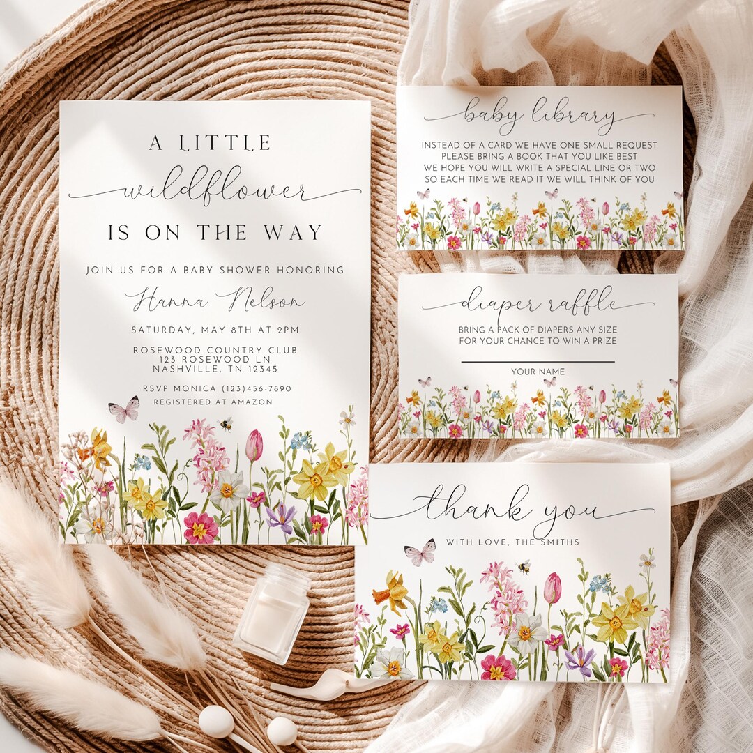 Wildflower Baby Shower Invitation Bundle, Instant Download, Editable ...