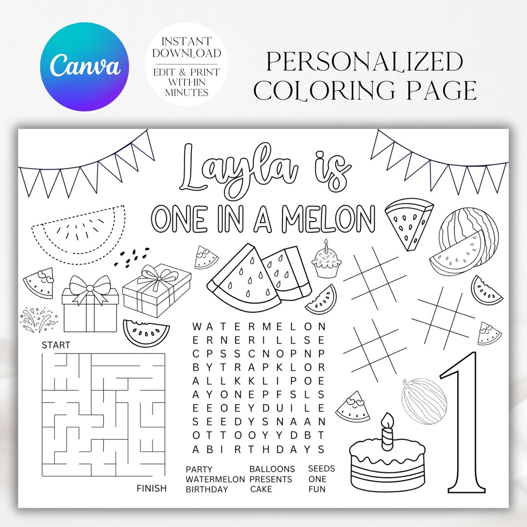Watermelon Birthday Printable Coloring Page, One in A Melon, Watermelon ...