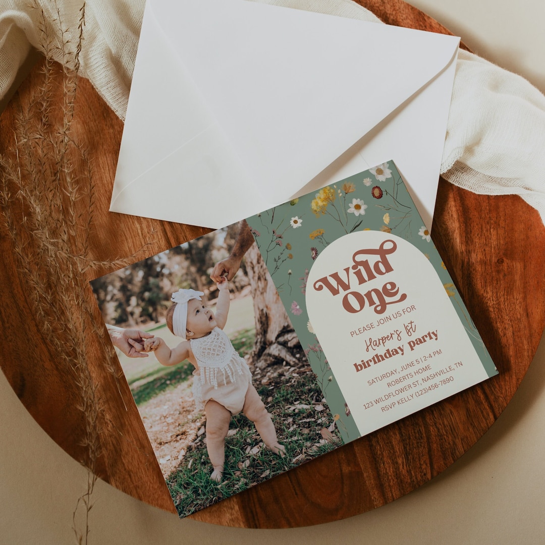 Wildflower First Birthday Party Photo Invitation, Girl 1st Birthday ...