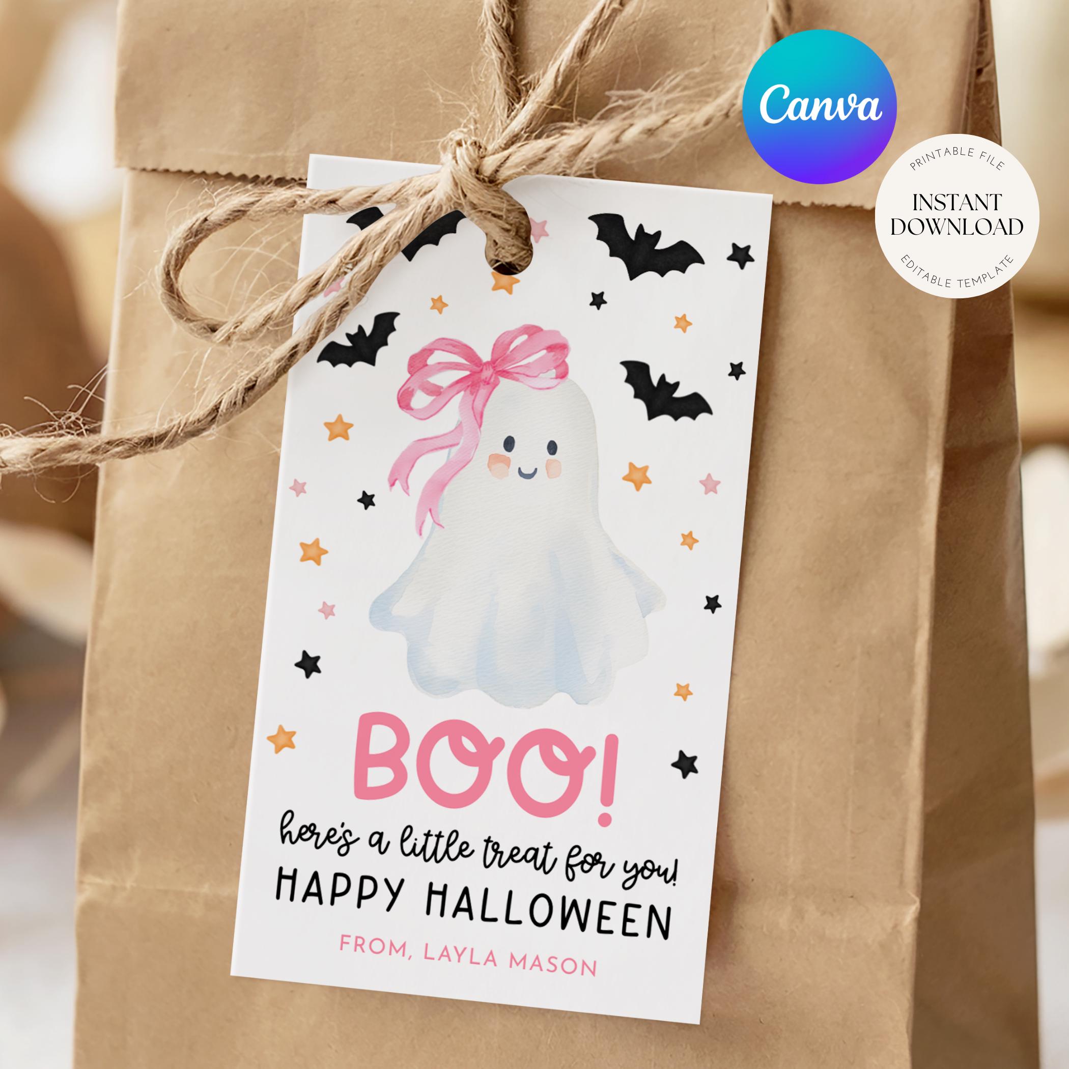Printable Halloween Gift Tag Template, Boo Here's a Treat for You Pink ...