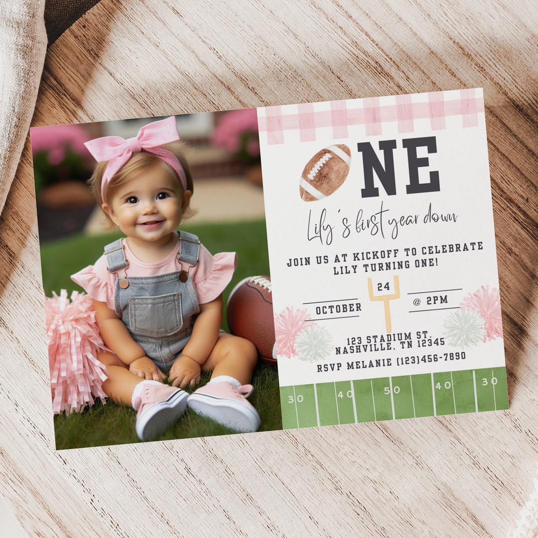 First Year Down Football Invitation, First Birthday Girl, Football ...