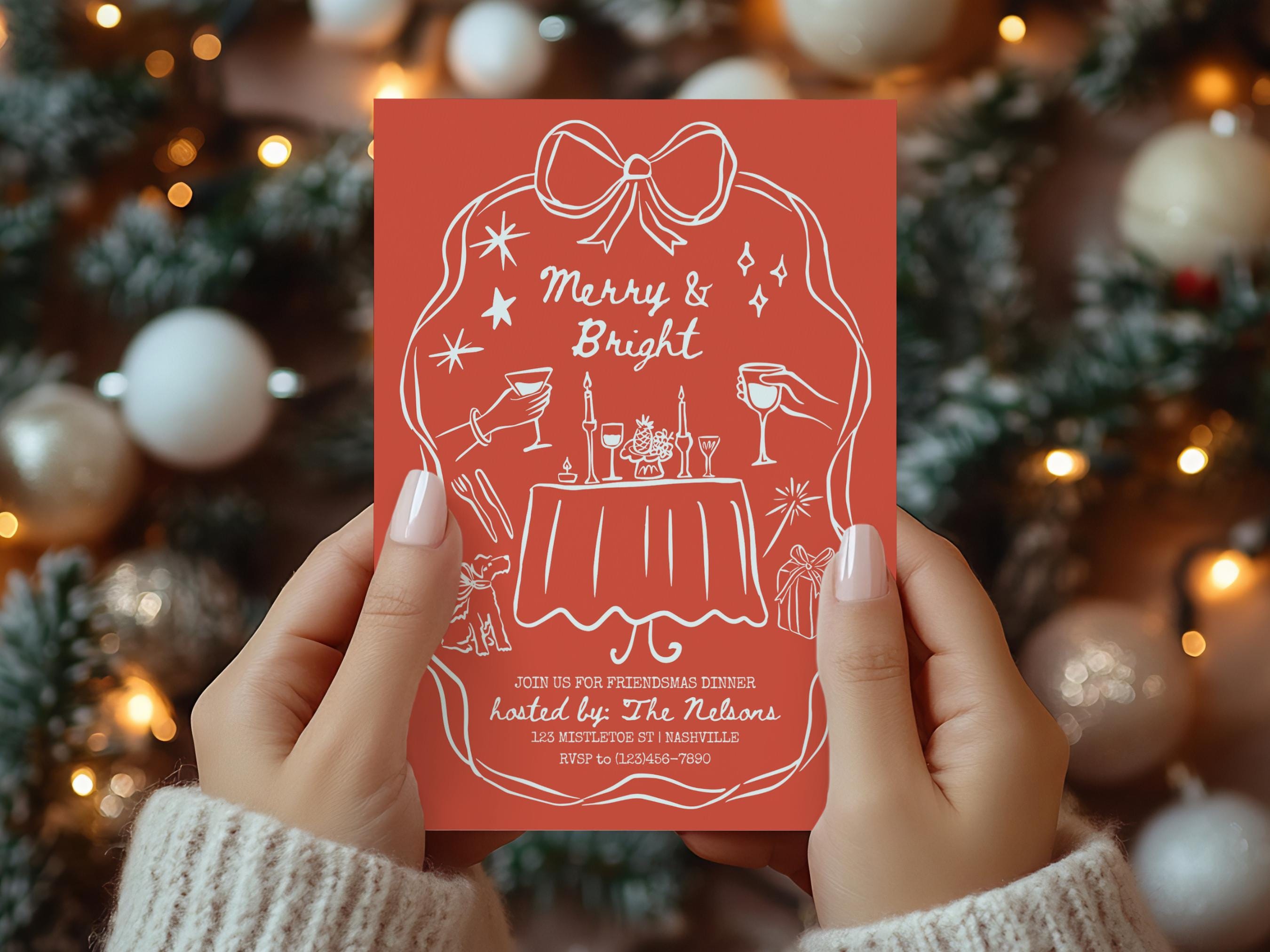 Merry and Bright Christmas Dinner Invitation, Friendsmas Invite ...