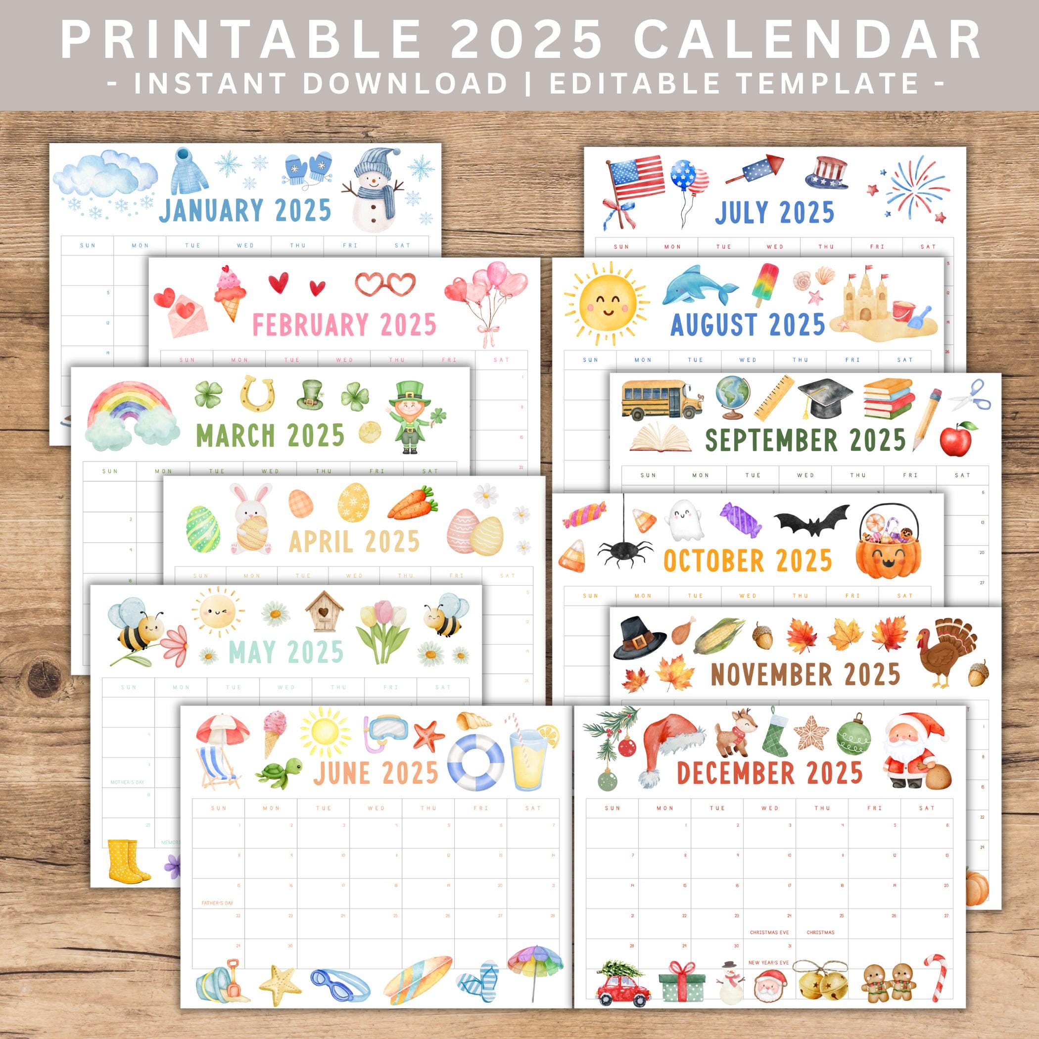 Printable Kids Calendar 2025, Kids Monthly Planner, Printable Calendar ...
