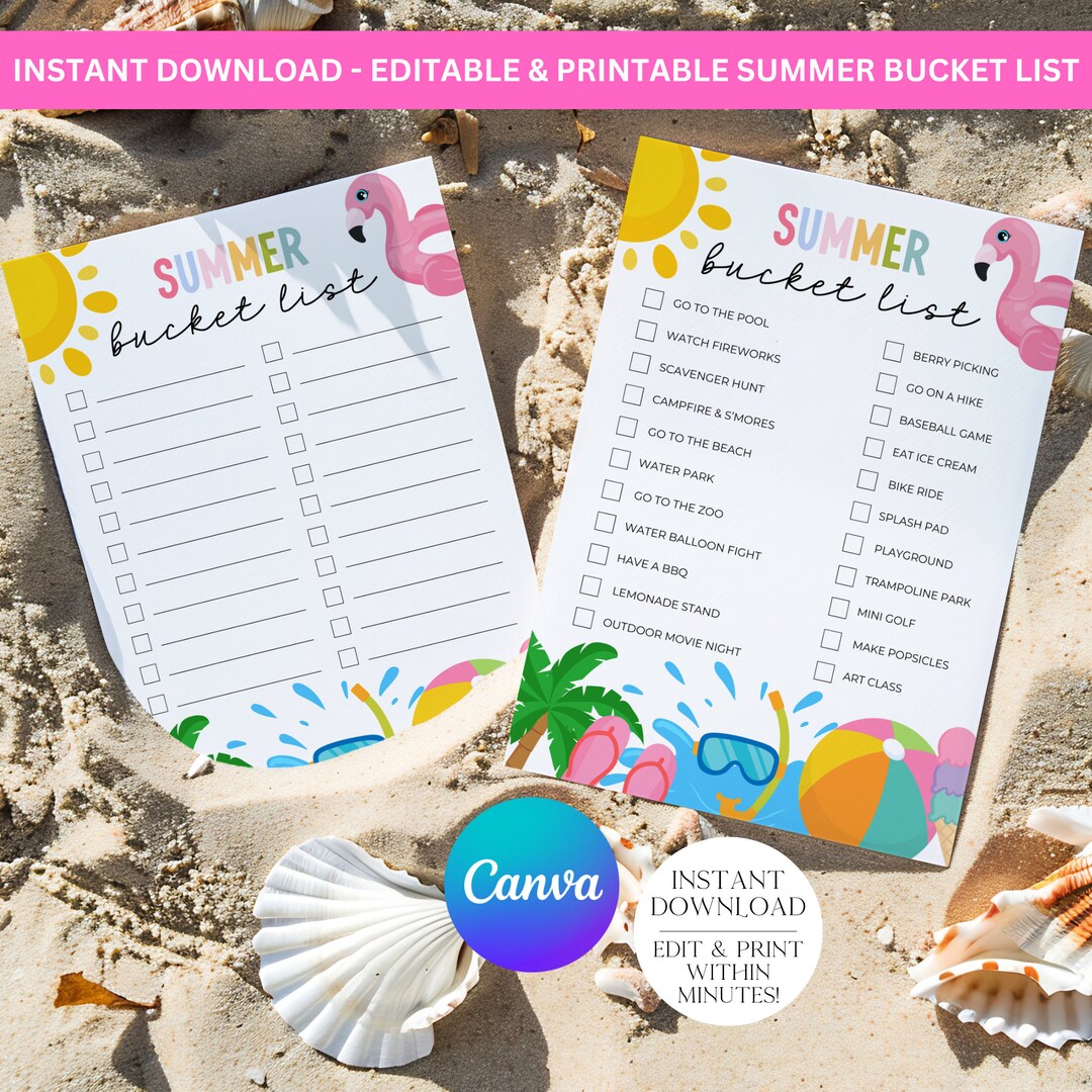 Summer Bucket List, Editable Bucket List, Instant Download, Summer ...