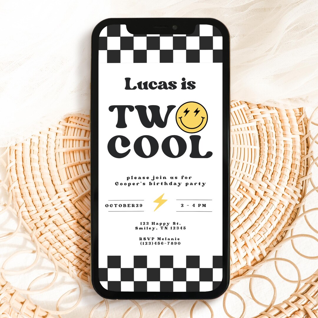 Two Cool Birthday Invitation, Digital Invite, Boy 2nd Birthday, Smiley Face Birthday, Two Cool ...