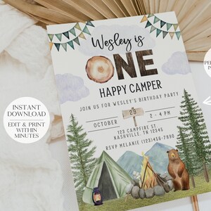 One Happy Camper First Birthday Invitation Template | Instant Download | Camping Birthday | A106 ...