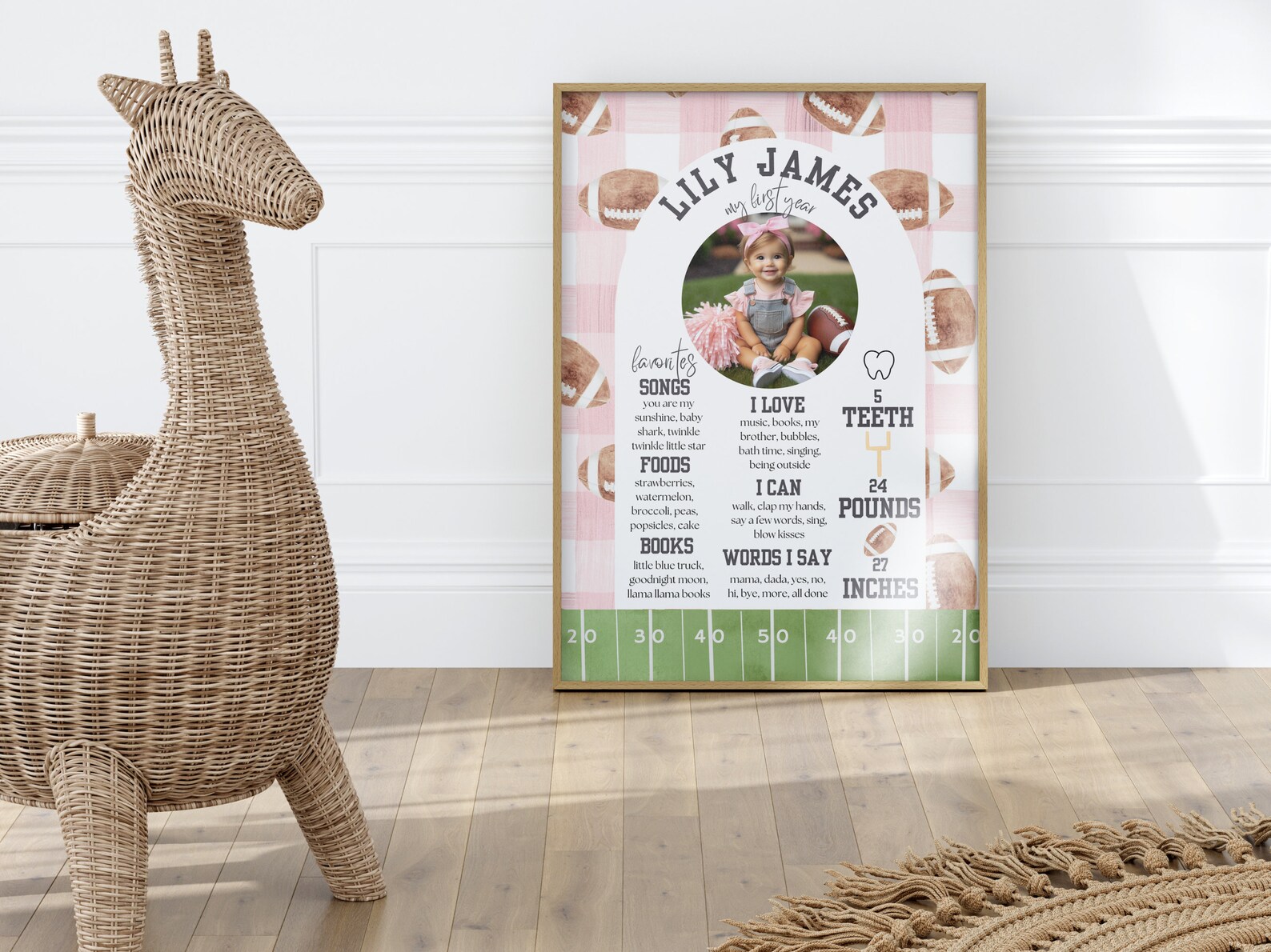 Pink Football First Birthday, Milestone Poster, First Year Down ...