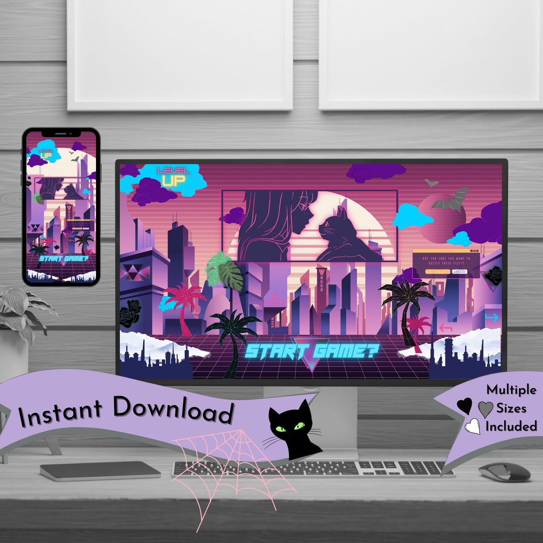 Vaporwave Gamer Desktop Wallpaper | Anime Girl Cyber PC Background ...