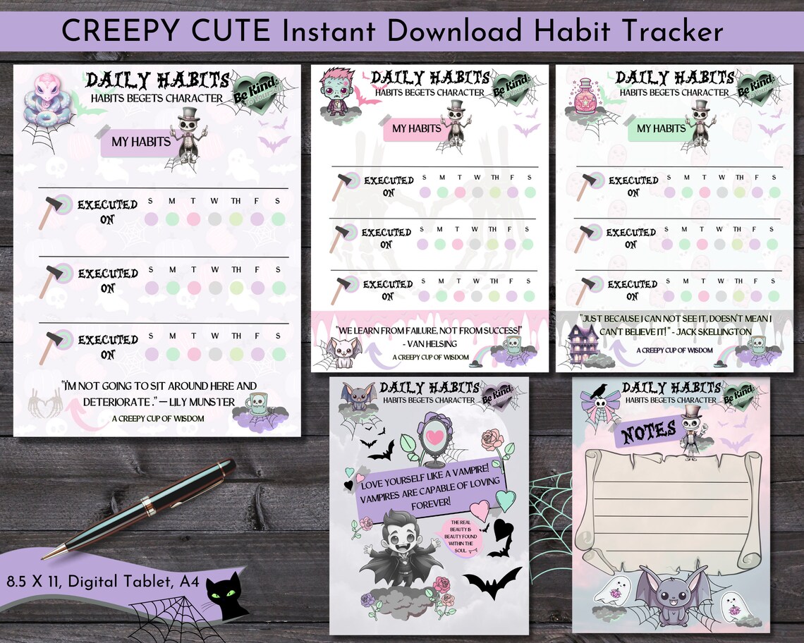 Pastel Goth Habit Tracker • Mental Health Planner • Creepy Cute Daily ...