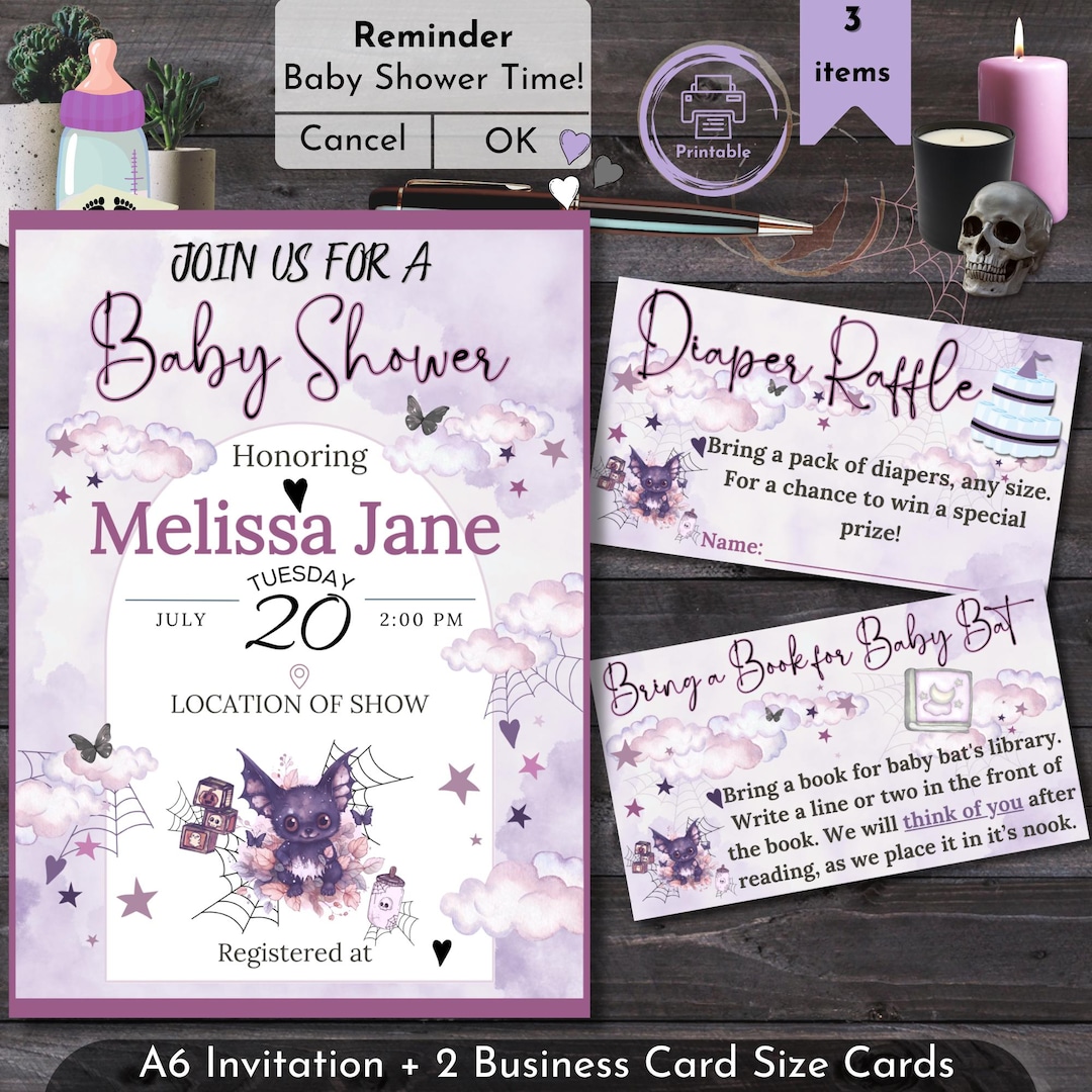 Goth Baby Shower Invitation Set, Printable Personalized Bat Theme ...