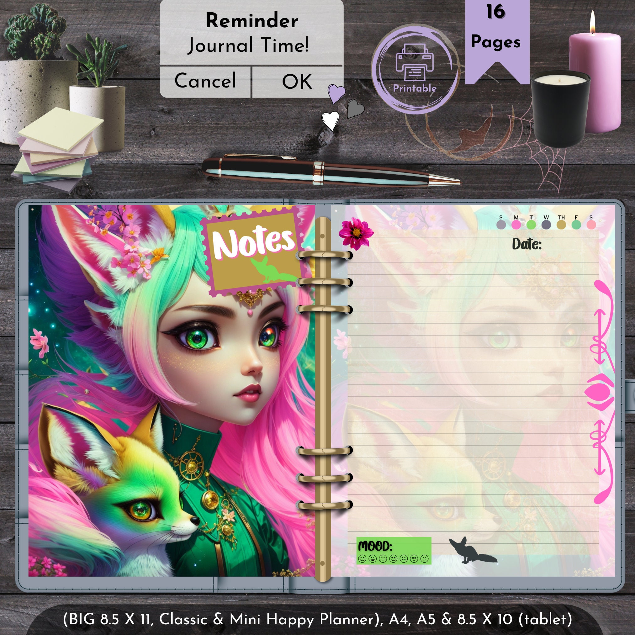 Anime Spirit Animals Journal Printable Lined Journal Pages Kawaii ...