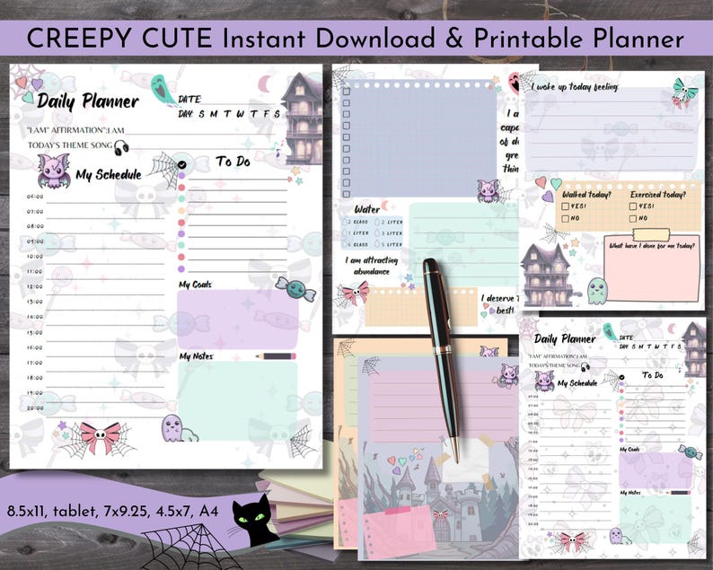 Goth Daily Planner | Creepy Cute Pastel Printable Stationery | Instant ...