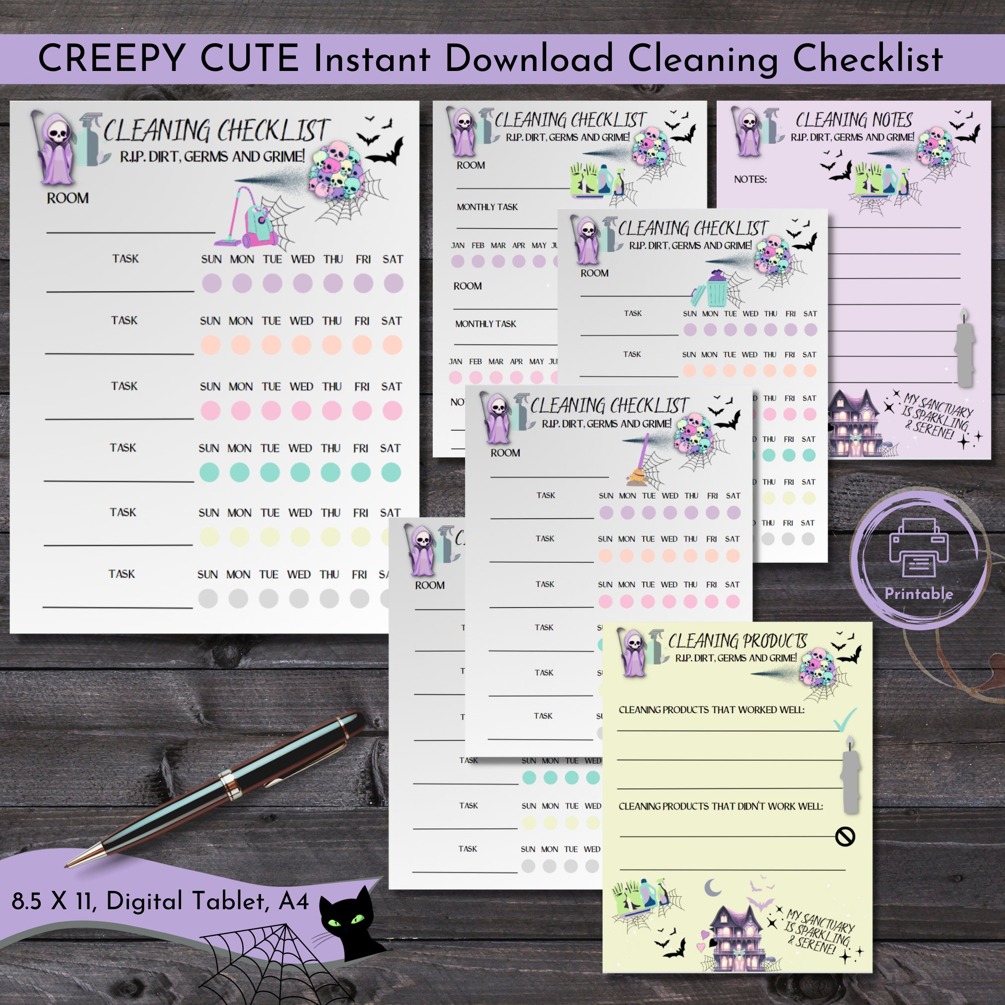 Goth Cleaning Checklist Tracker Pastel Daily Weekly Monthly - Etsy UK