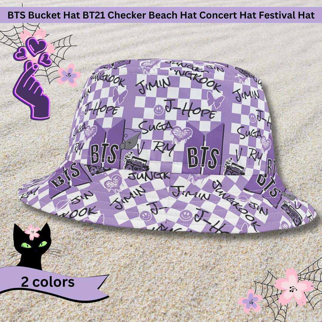BTS Bucket Hat Army Gift Purple K-pop Checkered Summer Beach Concert ...