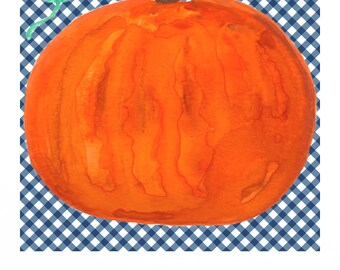 Watercolor Fall Orange Gingham Pumpkin, Autumn Digital Art Print ...