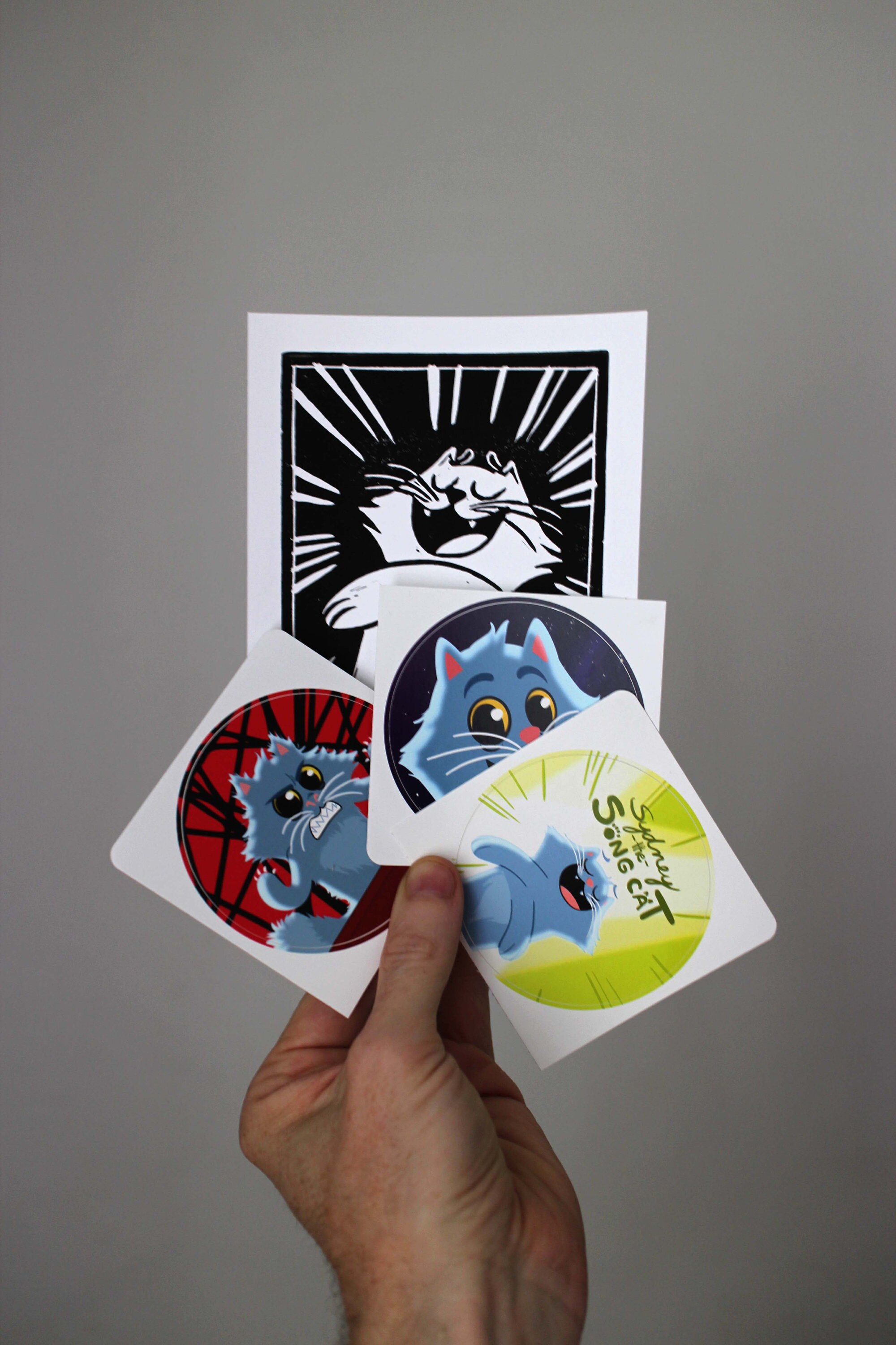 Sydney the Song Cat Vinyl Sticker Set (3") and Original Linocut Print ...