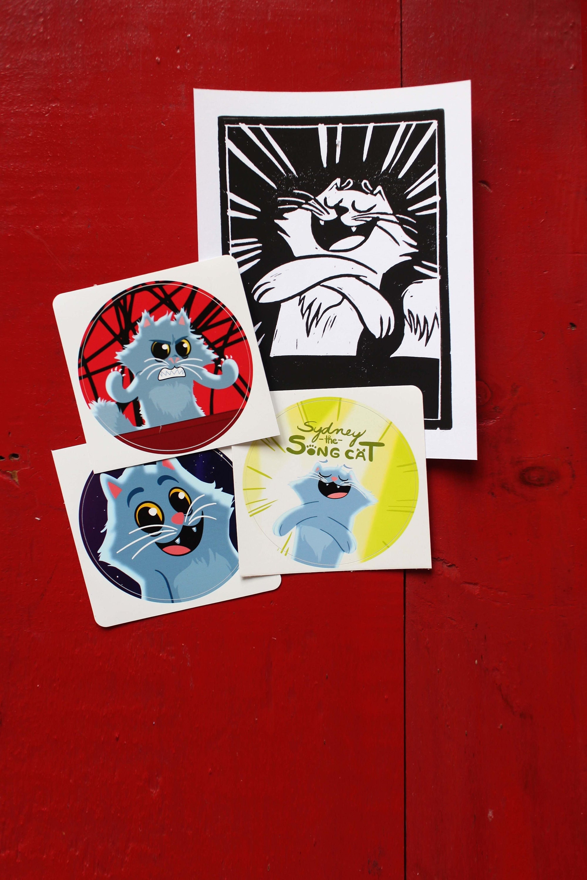 Sydney the Song Cat Vinyl Sticker Set (3") and Original Linocut Print ...