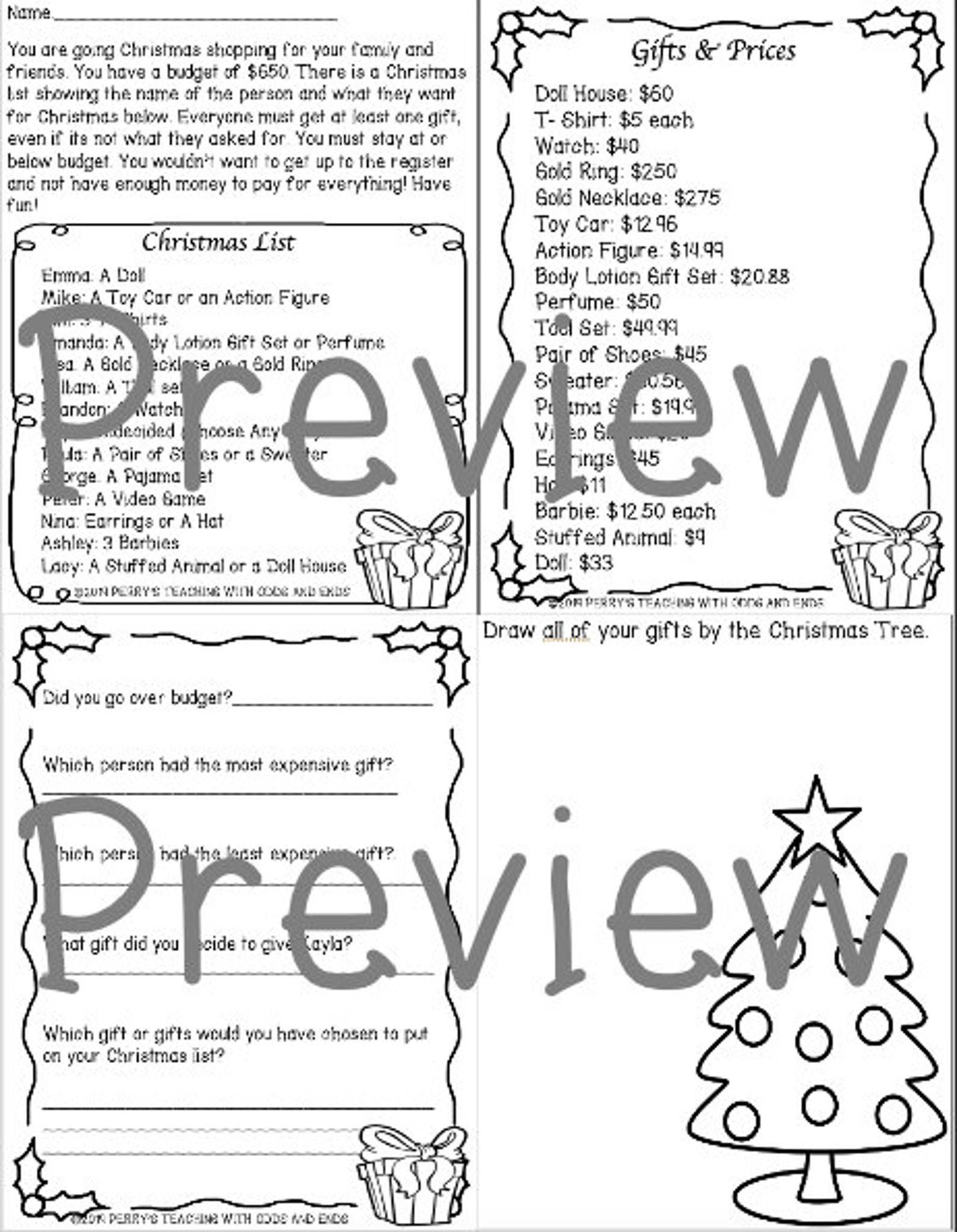 Christmas Math/economics Activity Budgeting/spending Life Skills - Etsy